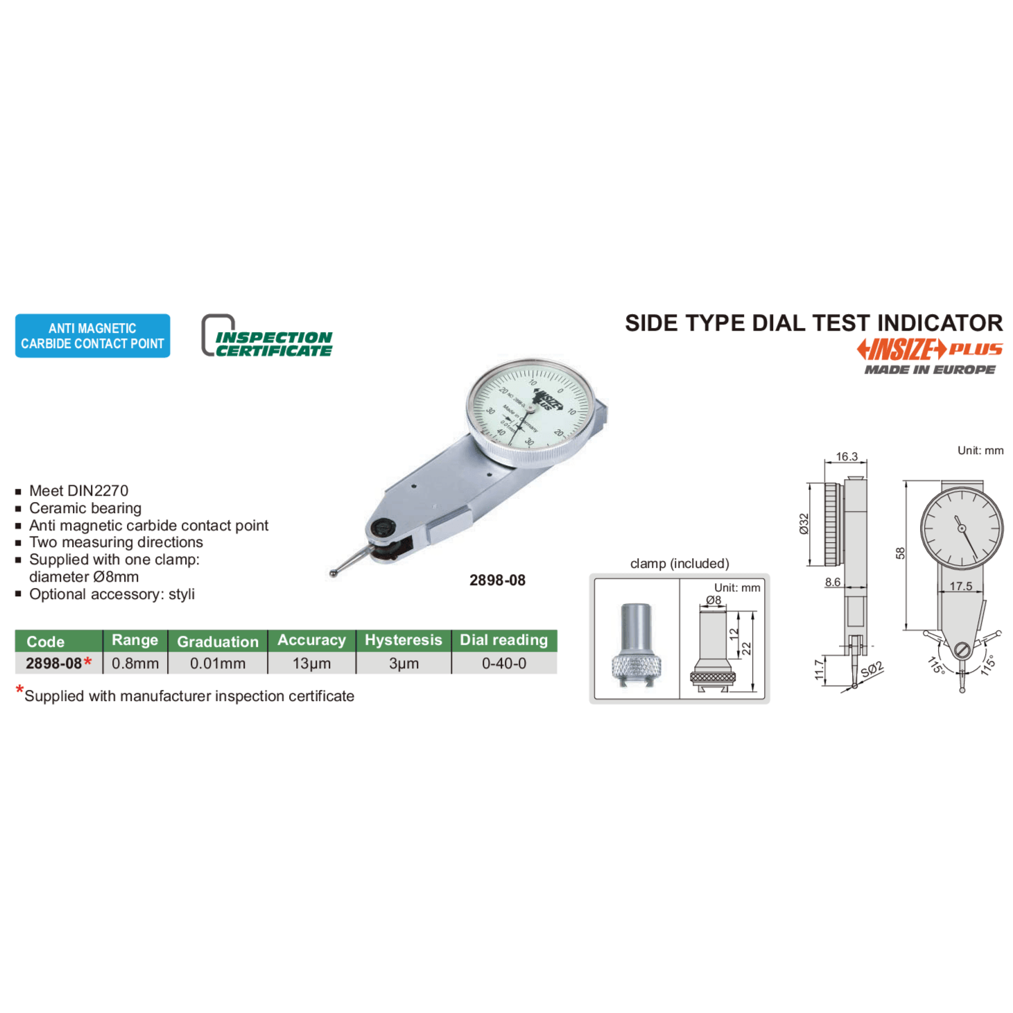 Insize Side Type Dial Test Indicator 0.8mm Range Series